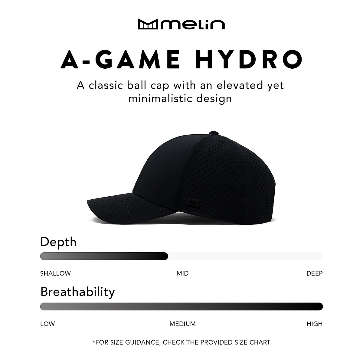 melin A-Game Hydro, Heather Charcoal, Men’s Performance Snapback Hats, Water-Resistant Fitted Baseball Caps for Men & Women, Golf, Running, or Workout Hat, Medium-Large