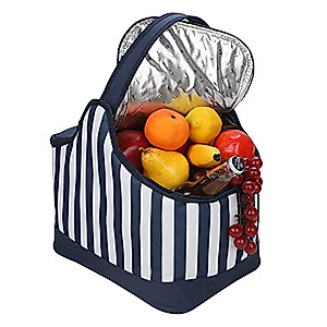 Yodo 20L Folding Picnic Basket Large Insulated Cooler Bag Waterproof for Gathering Travel Camping BBQ,Blue Stripe