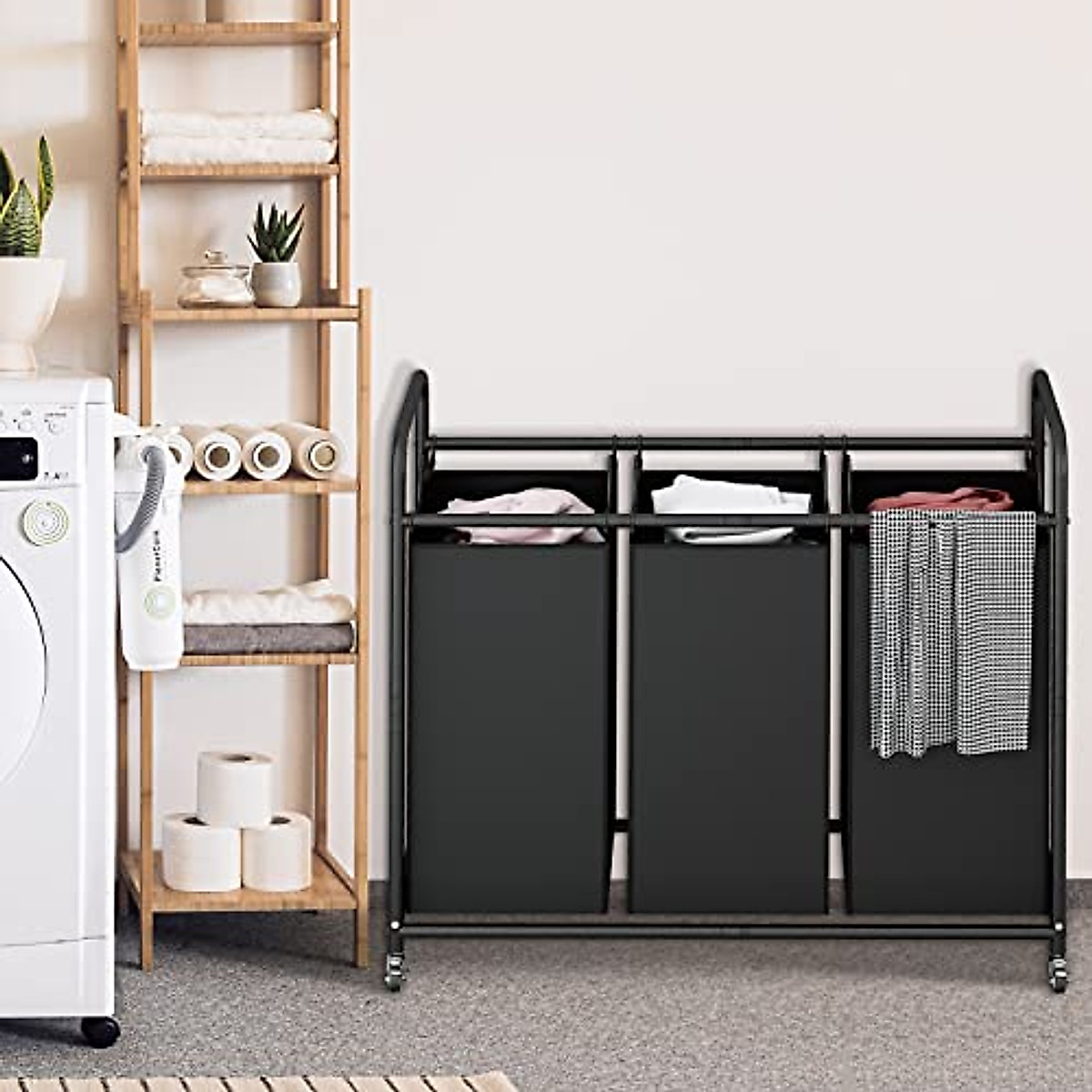 SUOERNUO Laundry Sorter Basket 3 Bag Laundry Hamper Cart with Rolling Lockable Wheels and Removable Bags Organizer Cart for Clothes Storage, Black