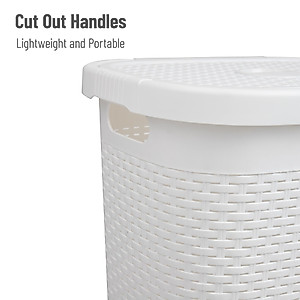 Mind Reader 50L Slim Laundry Hamper, Clothes Basket, Lid, Wicker Design, Plastic, 17.65"L x 13.75"W x 21"H, White