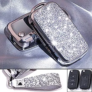 Royalfox(TM) 3 Buttons 3D Bling flip Folding Remote Key Fob case Cover for VW Volkswagen Jetta GTI Passat Golf Tiguan Touareg Beetle Multivan Sagitar Passat Accessories,with Keychain (Silver)