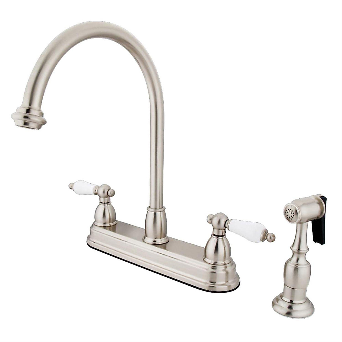 Kingston Brass KB3758PLBS Restoration Deck Mount Kitchen Faucet with Brass Sprayer, 8-1/2-Inch, Brushed Nickel