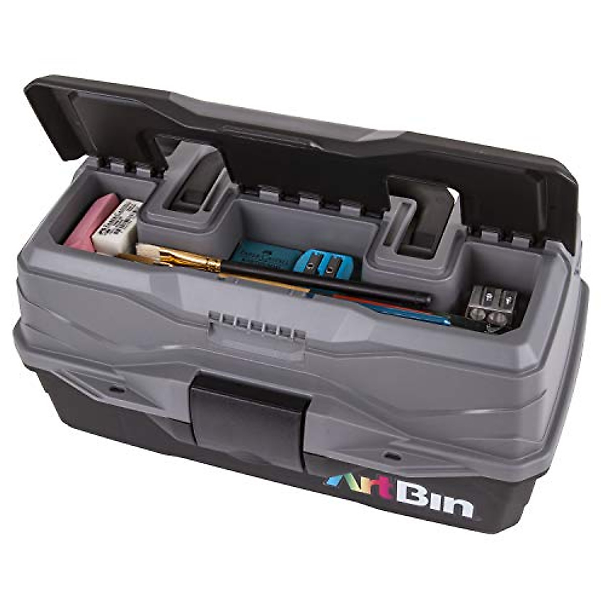 ArtBin 6891AG 1-Tray Art Supply Box, Portable Art & Craft Organizer with Lift-Up Tray, [1] Plastic Storage Case, Gray/Black