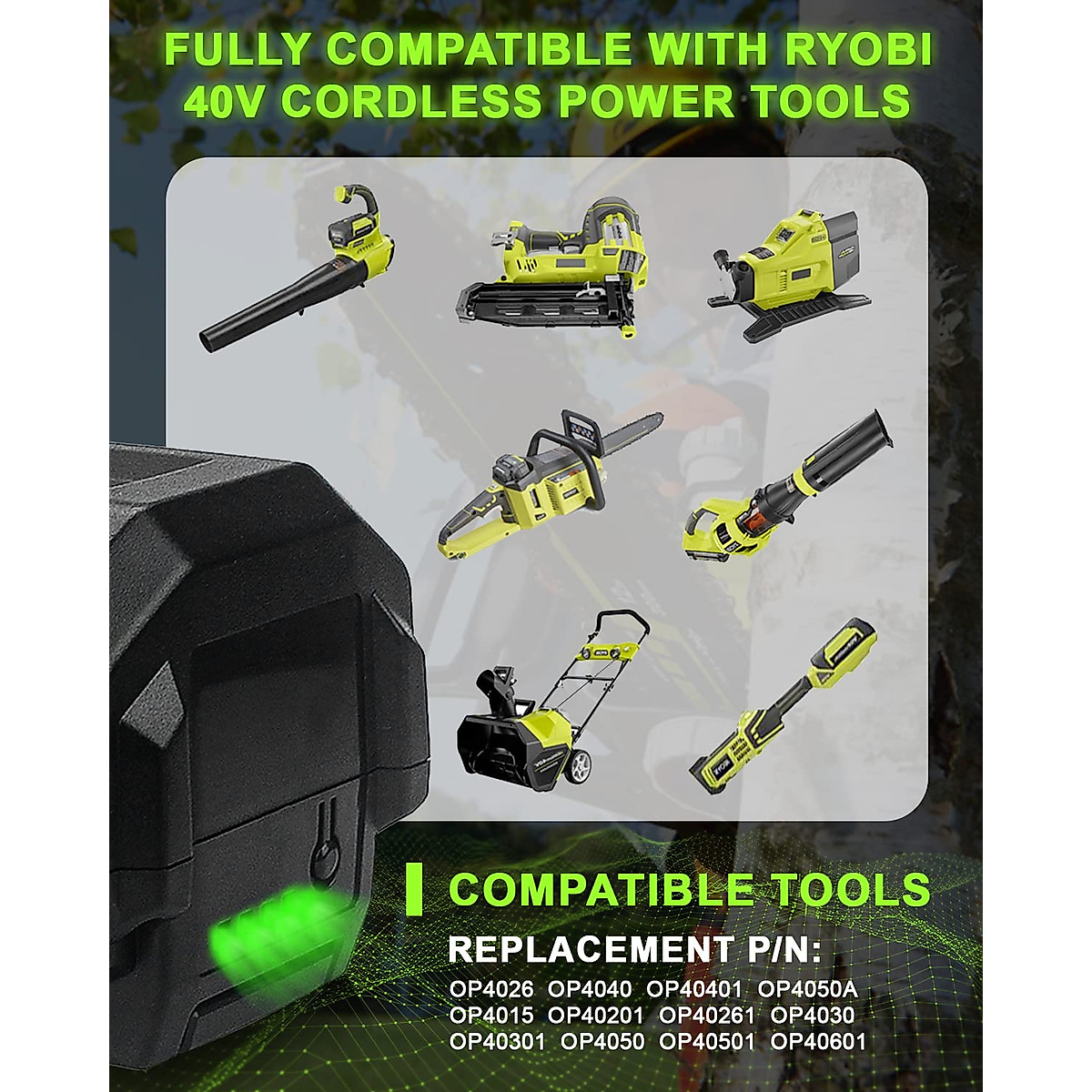 OP4026 6000mAh Replacement Battery Compatible with Ryobi 40V Lithium Battery OP4050A OP40601 OP4026A OP4040 OP4030 OP4050 OP4015 OP40261 OP40201 OP40301 OP40401 Cordless Power Tools(Green-2Pack)