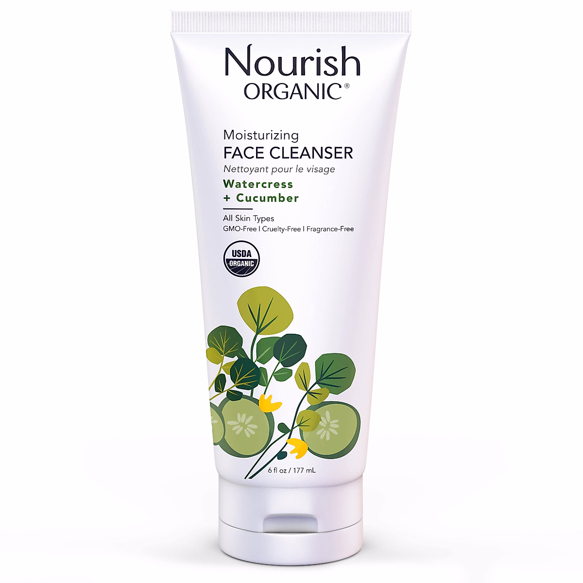 Nourish Organic Moisturizing Face Cleanser for All Skin Types, Watercress + Cucumber Face Wash, Fragrance-Free (6 Oz) + Washable Cotton Round
