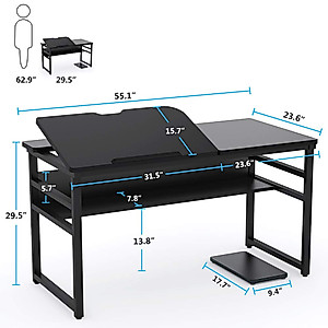 Tribesigns Modern Drafting Desk Drawing Table with Storage Shelf, 55 inch Large Computer Desk Writing Desk Craft Workstation with Tiltable Tabletop for Artist, Home Office (Black)