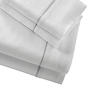 Amazon Brand – Rivet Contrast Hem Breathable Cotton Linen Bed Sheet Set, Queen, White / Vapor