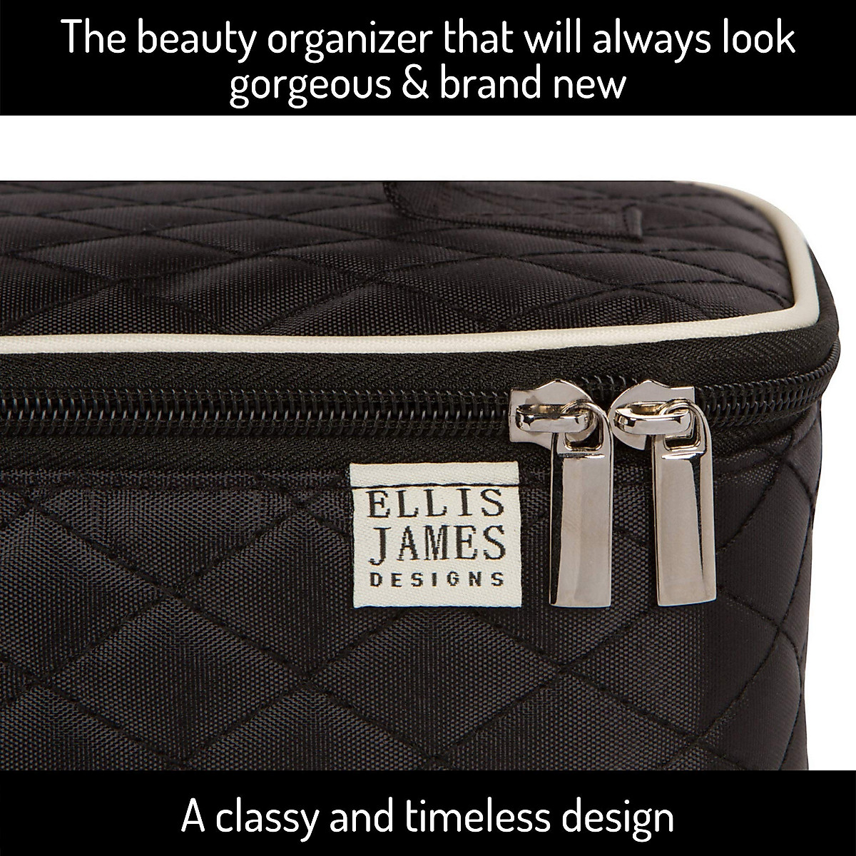 Ellis James Designs Large Travel Makeup Bag Organizer - Cosmetics Train Case Toiletry Bags for Women - Black - With Handle & Make Up Brush Holders - Professional Hair Dryer Cases & Beauty Storage