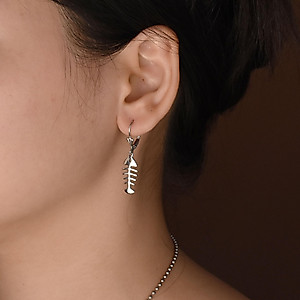 Nautical Vacation Ocean Sea Lever back Drop Dangle Skeleton Fishbone Fish Earrings For Women Teen .925 Sterling Silver