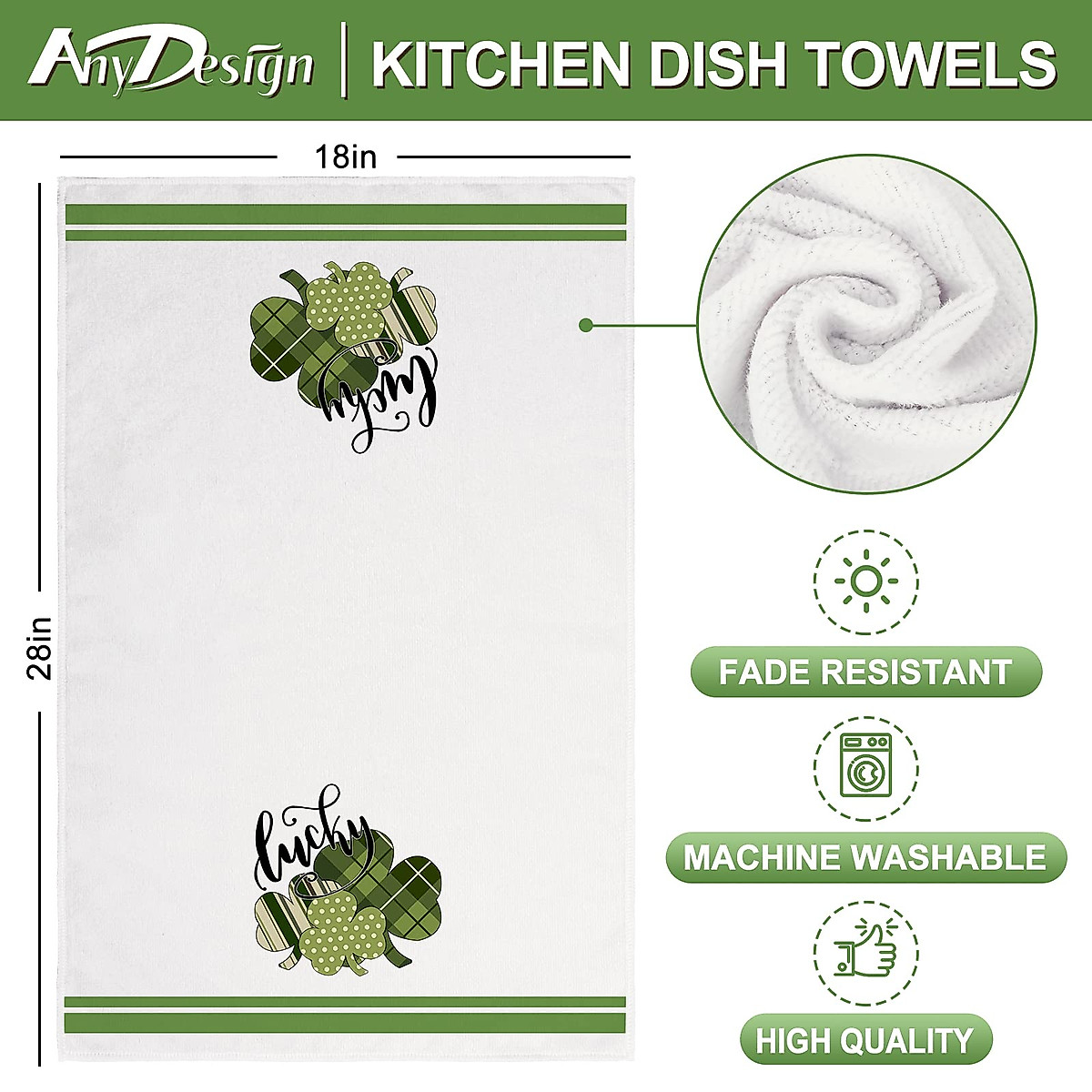 AnyDesign St. Patrick's Day Shamrock Kitchen Towel Green Check Plaids Clover Dish Towel 18 x 28 Inch Lucky Green Hand Drying Tea Towel for Irish Holiday Cooking Baking Cleaning Wipes, Set of 2