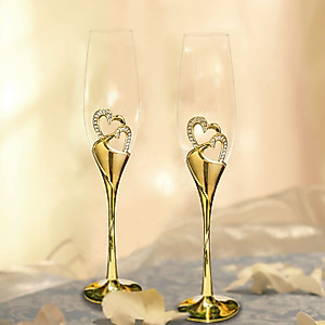 Wedding Champagne Glass Set Gold Toasting Flute Glasses Deluxe Pack of 2 with Rhinestone Rimmed Hearts Decoration for Wedding, Anniversary and Special Occasions