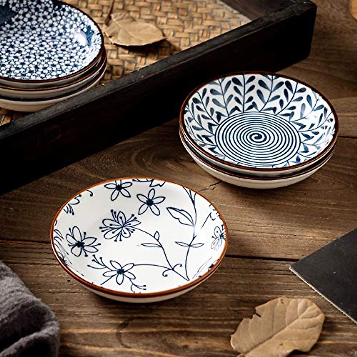Japanese Style Ceramic Dipping Bowls,4 Inch Side Dishes Sauce Dishes for Sushi,Sauce,Snack and Soy,3 Oz Blue and White Pinch Bowls for Kitchen Prep - Set of 6(4 inch)