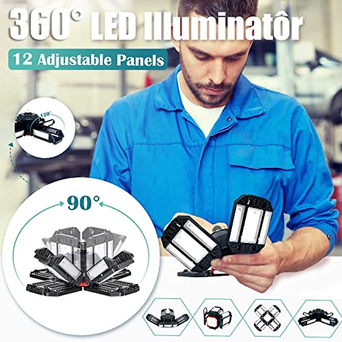 Garage Lights Ceiling Led 12 Panel Plug in Shop Lights 2 Pack Screw in LED Garage Light 180W Bright Garage Light 18000 LM 6500K Deformable Garage Lighting Fixture for Garage Basement Workshop