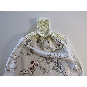 Cottage Bunny Lavender & Blue Floral Double Thickness Hanging Easter Kitchen Towels - Ivory Cotton Crochet Top