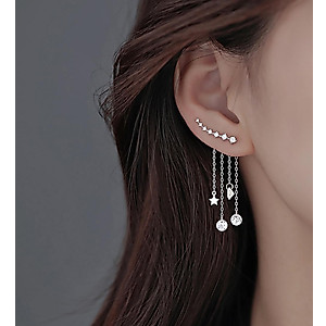 Reffeer Solid 925 Sterling Silver Crawler Earrings Tassel Chain Dangle for Women 7 Crystal Cuff Earrings Chain Wraps Climber