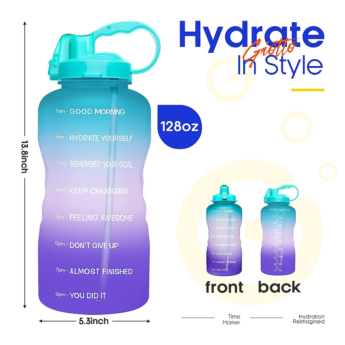 Giotto Large 1 Gallon/128oz (When Full) Motivational Water Bottle with Time Marker & Straw, Leakproof Tritan BPA Free for Fitness, Gym and Outdoor Sports-Purple/Pink/Green Gradient