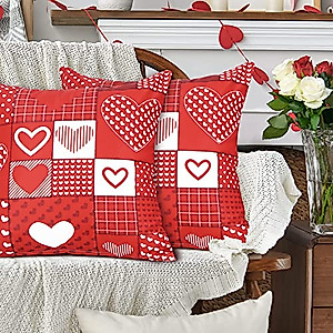 Valentine's Day Pillow Covers 18 x 18 Inch, Set of 2 Red Waterproof Throw Pillow Covers Outdoor, Love Heart Plaid Decorative Cushion Pillow Cases for Anniversary Couch Patio Furniture Bench Bed Sofa