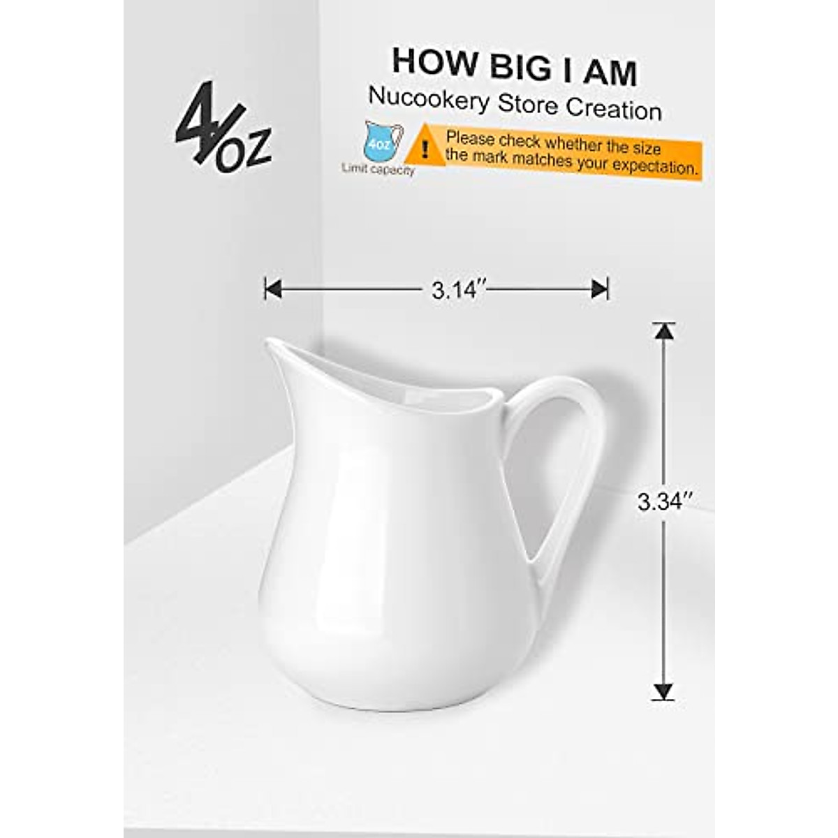 Nucookery 2 Pack (4 Oz) Classic White Fine Porcelain Creamer with Handle,Small Creamer Pitcher Set For Sauces Salad Coffee Milk More,Microwave & Freezer Safe (4-Ounce, Set/2)