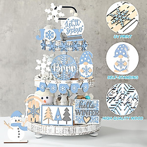 FairySandy 20 Pcs Tiered Tray Decor Snowflake Snowman Gnome Wooden Signs Winter Wonderland Table Centerpieces Rustic Farmhouse Tabletop Sign Decor for Party Home Christmas Holiday