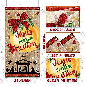 Jesus Is The Reason for The Season Banner, Baby Jesus Christmas Door Decorations,Willow Red Bowknot Holy Nativity Scene Backdrop for Xmas village background Winter Holiday Party Supplies