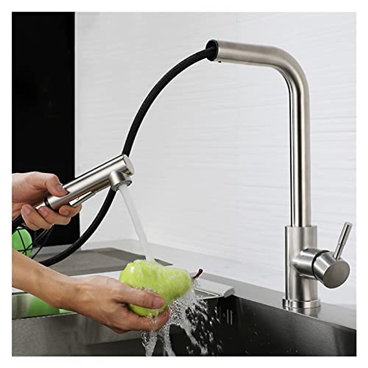 JEMITA Pull Out Kitchen Sink Faucet Silver Black Stainless Steel Single Handle Hot & Cold Mixer Tap Stream Sprayer Head Swivel Faucets (Color : Silver)