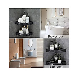 Bathroom Shelves Corner Shelf Shower Caddy, Wall Mounted Shower Shelving, 2-Tier Kitchen Racks Shower Organizer Basket with 4 Movable Hooks, Aluminum Storage Rack,Black
