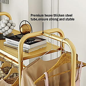 MAIKAILUN Gold Clothing Rack,Modern Industrial Clothes Rack for hanging Clothes with Top Rod and 3-Tier Shelves, Multi-functional Heavy Duty Garment Rack Cloest Organizer Coat Rack for Boutique