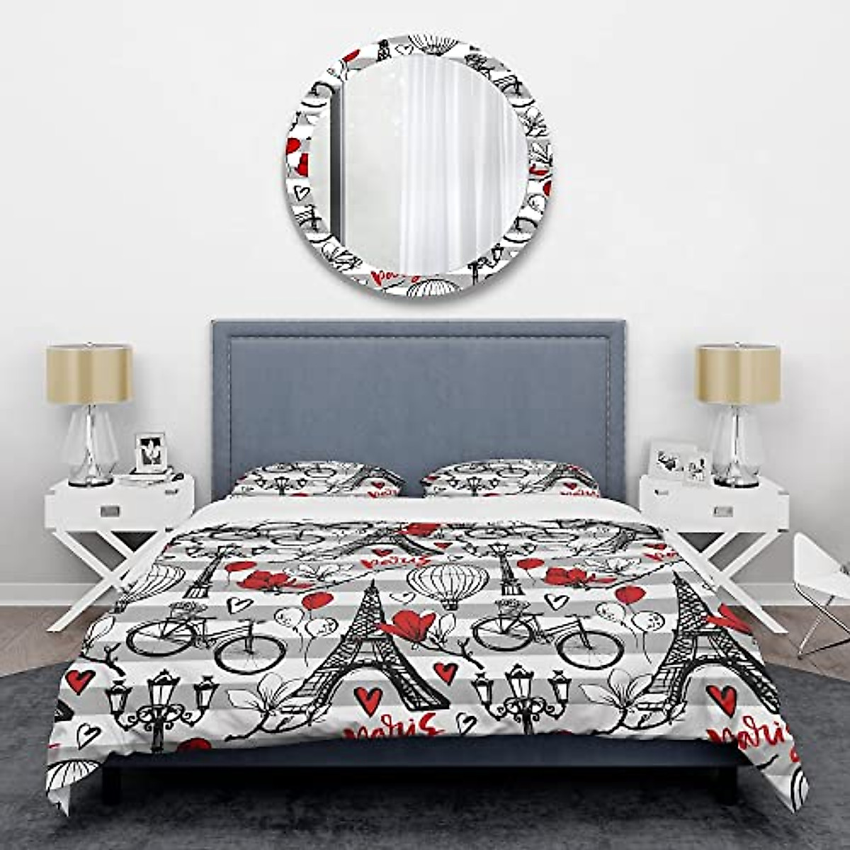 DESIGN ART Designart 'Paris Eiffel Red Hearts II' Mid-Century Duvet Cover Set Twin Cover + 1 sham (Comforter not Included) 2 Piece