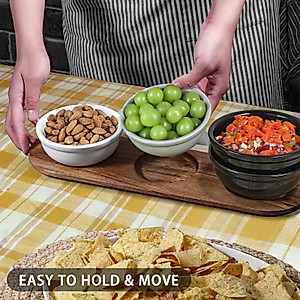 Artena 12 oz Solid Ceramic Chip and Dip Serving Set with Acacia Wooden Tray, 5-inch Grey Dipping Bowls, Small Serving Bowls for Side Dishes, Salsa, Appetizer, Serving Dishes for Entertaining