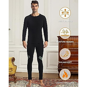 Runhit Thermal Underwear for Men Base Layer Cold Weather Mens Long John Winter Pants and Shirts Thermal Set Medium Black