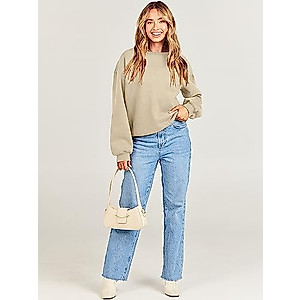 Caracilia Women's Long Sleeve Sweatshirts Crewneck Loose Fit Cotton Fuzzy Khaki Pull Over 2023 Fall Fashion Outfits Oversized Cute Teen Girls Solid Y2K Fleece Hoodie C102A6-zongse-M