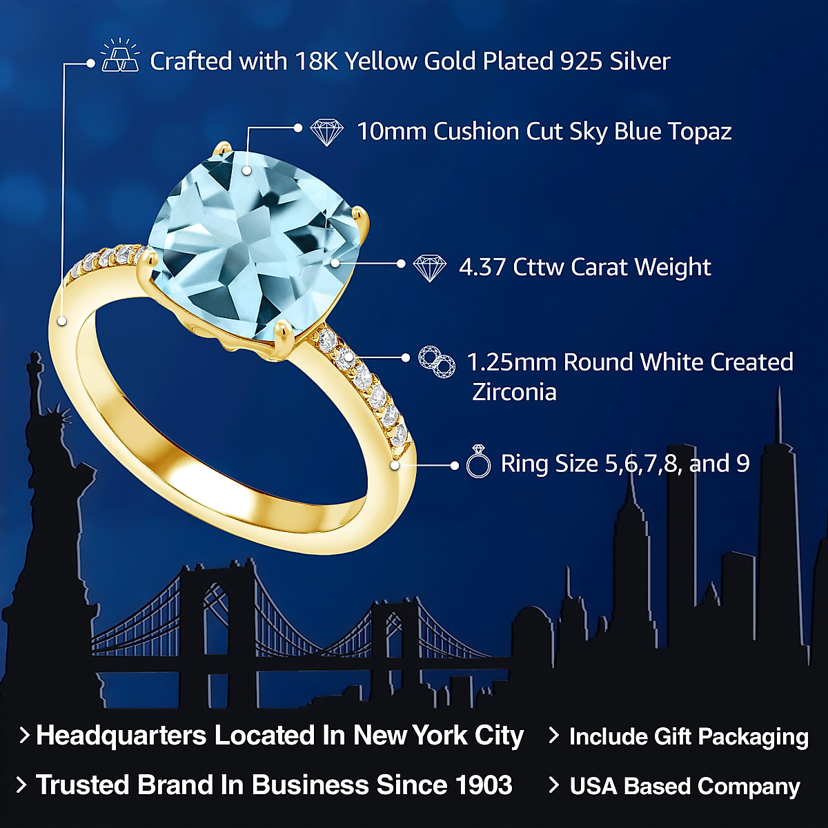 Gem Stone King 18K Yellow Gold Plated Silver 10MM Cushion Gemstone Birthstone Engagement Ring | Wedding Anniversary Promise Ring For Women | Available In Size 5, 6, 7, 8, 9
