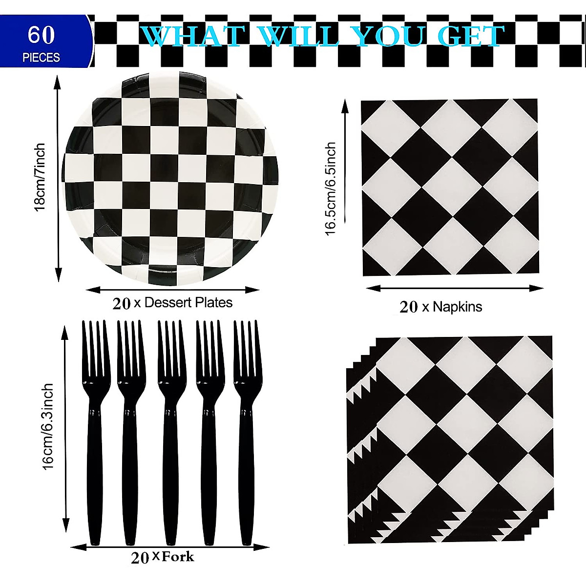 60Pcs Black and White Checkered Race Car Party Supplies,Racing Themed Tableware Set 7"Racing Dessert Paper Plates and Napkins,Fork for Kids Car Sports Race car Themed Birthday Party Decor (Car Set)