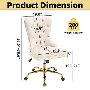 ABET Desk Chair with Wheels, Velvet Gold Office Chair Armless Swivel Chair with Tufted High Back Rivet Trim, Comfy Upholstered Ergonomic Computer Chair for Bedroom, Beige