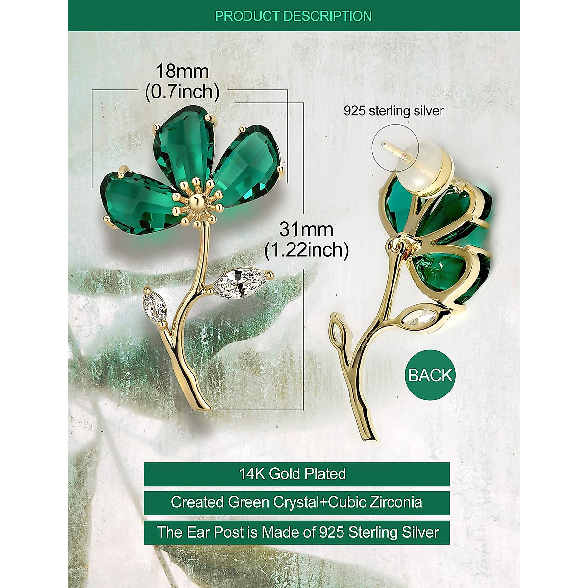 KZZENKI Green Flower Earrings with Stud, Statement Gold Dangle Earrings for Women Trendy Drop Earrings Gift