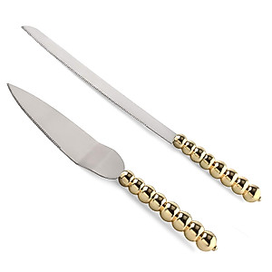 Homi Styles wedding cake knife and server set | Elegant Gold Color With Beaded Handles & Premium 420 Stainless Steel Blades | Cake & Pie Serving Set For Wedding Cake, Birthdays, Anniversaries, Parties