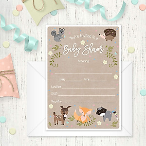 Canopy Street Woodland Animals Baby Shower Invitation / 25 Adordable Animals Themed Fill In Baby Shower Invites / 5" x 7" New Baby Forest Animal Invitation Cards