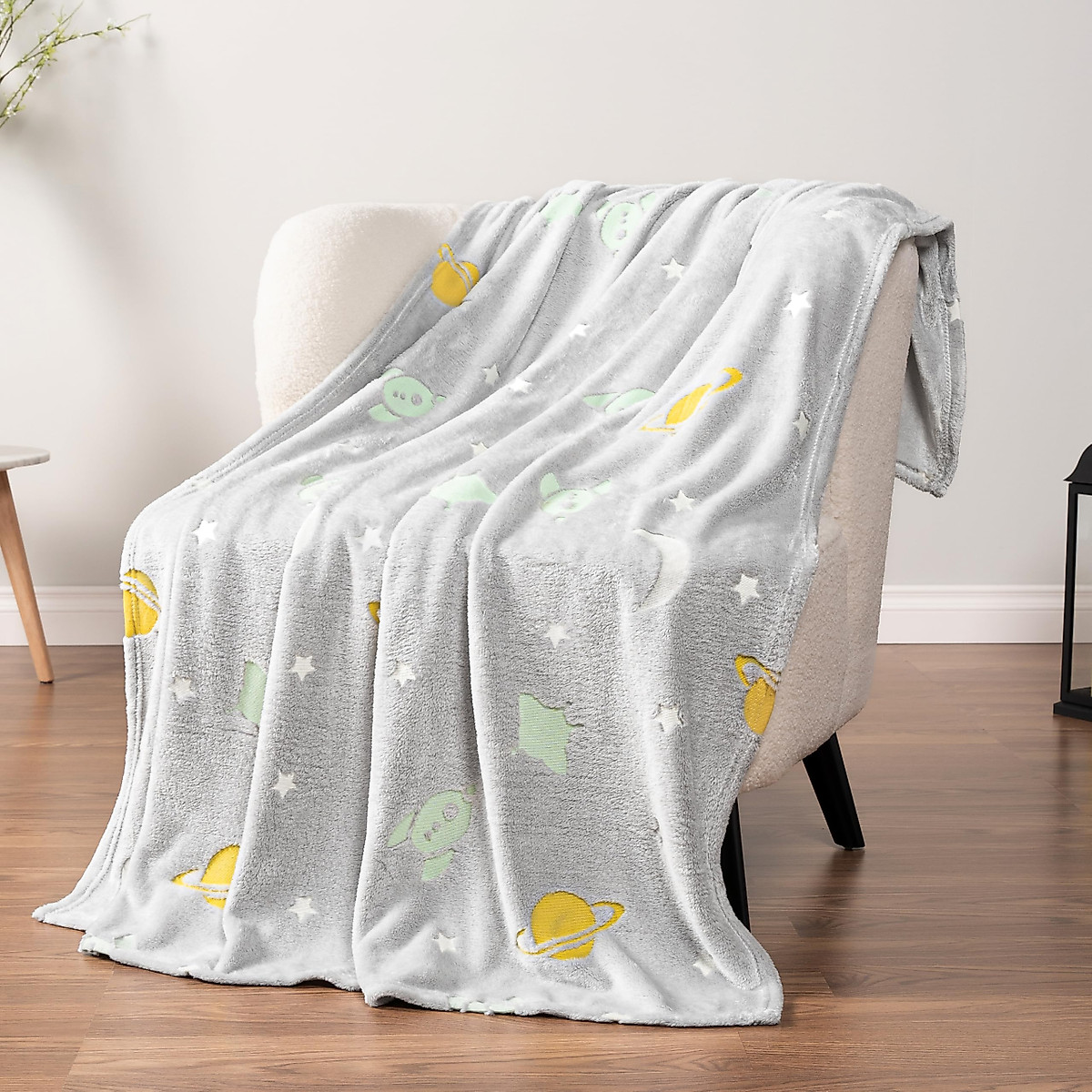 PAVILIA Glow in the Dark Blanket, Spaceship Space Gift for Girls Boys, Toy Blanket for 1 2 3 4 5 6 7 8 9 10 Year Old Boy, Soft Plush Fleece Kids Gift Blanket for Birthday, Christmas, Room Decor, 50x60