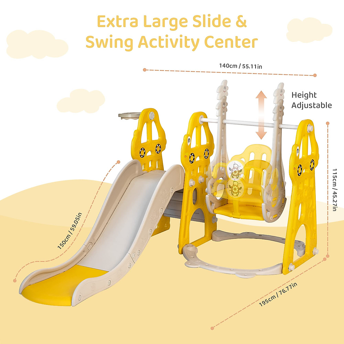4-in-1 Toddler Slide and Swing Set with Extra Large Playground, Basketball Hoop & Climber, Indoor/Outdoor Playset, Taxi Collection – Yellow