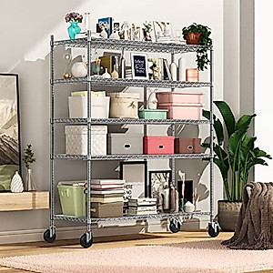 Raynesys Wire Shelving with Wheels, 3000Lbs Heavy Duty NSF-Certified Metal Storage Shelf, Commercial-Grade Adjustable Utility Rack with Shelf Liners Set of 5, 5-Tier 60x24x72 in, Chrome