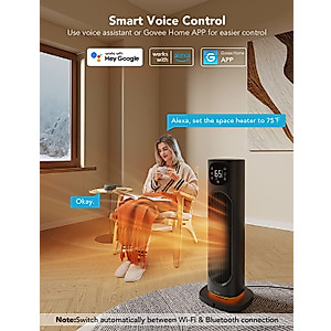 Govee Smart Space Heater for Indoor Use, 1500W Ceramic Tower Heater with Thermostat APP&Voice Control, Quiet Portable Electric Heater with RGB Night Light for Large Rooms, Bedroom, Office