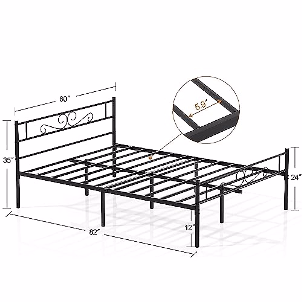VECELO Queen Size Bed Frame with Headboard, 14 Inch Metal Platform Mattress Foundation, No Boxing Spring Needed, Squeak Resistant, Easy Assembly, Black
