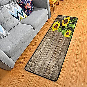 Farmhouse Theme Sunflowers Laundry Room Runner Rug Wooden Board Background Mat Washable Non-Slip Soft Floor Carpet Extra Long Hallway Doormat 72" X 24"