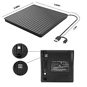 Gotega External CD/DVD Drive for Laptop USB-C & USB 3.0 CD/DVD ROM Drive Reader Writer Burner Compatible with Laptop PC MacBookMac Windows 10/8/7 Linux OS Apple