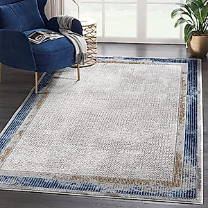 Abani Solid Grey Rugs Geometric Pattern 4'x6' Bedroom Rug - Modern Design Blue Border No-Shedding Premium Area Rug