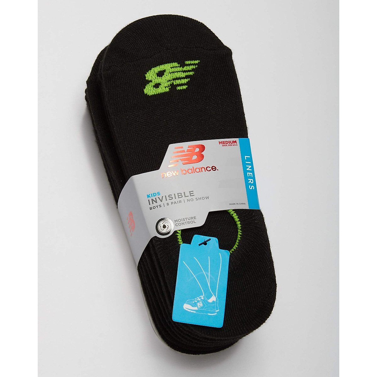 New Balance Boys' No Show Invisible Liner Socks (8 Pack), Size Medium, Black