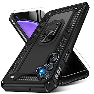 for Samsung Galaxy S23 FE Case with Screen Protector, Military Grade Rugged Shockproof Heavy Duty Galaxy S23 FE Protective Cover for Samsung S23 FE 5G Magnetic Ring Kickstand Phone Case (Black)