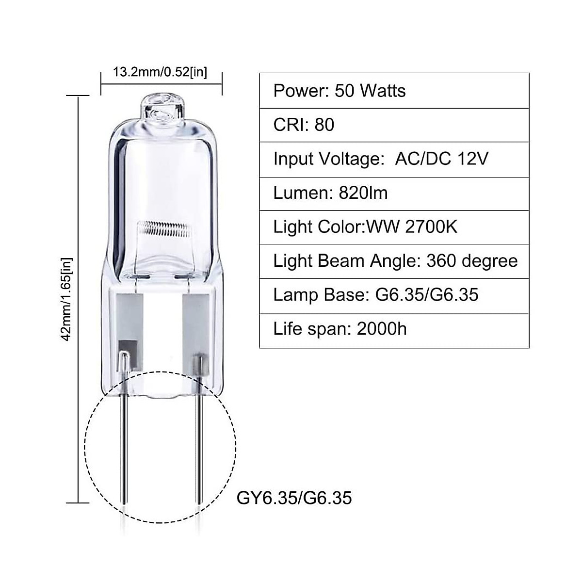 10x G6.35 12V 50-Watt T4 Halogen GY6.35 Base 12-Volt Clear Dimmable Bulbs for Ceiling Lights,Cabinet Lights,Table Light