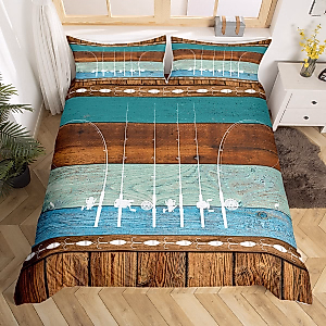Go Fishing Bedding Set Fishing Line Fish Comforter Cover Fishing Gifts for Men,Rustic Wooden Plank Duvet Cover Fishings Rods Bed Sets Full,Fish Fancier Room Decor Dad Gift for Fathers Day,Brown Blue