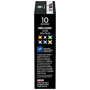 CURAD Performance Series IRONMAN Antibacterial Bandages, Extreme Hold Adhesive Technology, Knee & Elbow 3 inches x 3 inches, 10 Count, Ideal for Cuts, Scrapes, Sports, and Active Lifestyles